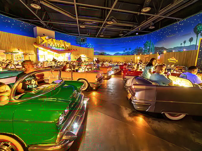 Buckle up for dinner and a movie! Classic cars serve as dining booths at this retro drive-in theater restaurant where sci-fi clips play while you eat.