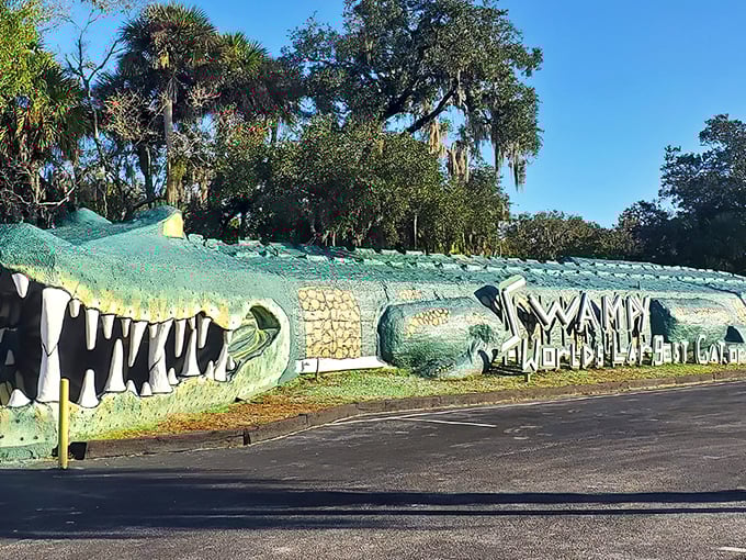 Swampy's massive jaws welcome visitors to Jungle Adventures, proving Florida's gators can indeed reach legendary proportions &ndash; at least in concrete form!
