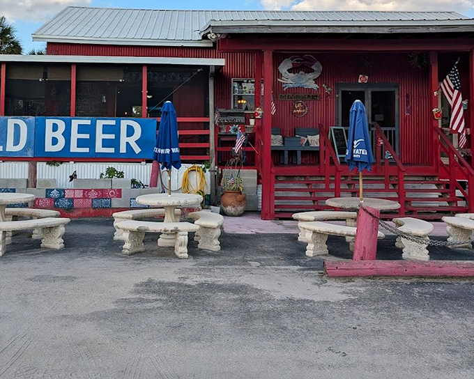 Cold beer signs don't lie! The rustic outdoor seating at Joanie's invites you to kick back and enjoy authentic Everglades cuisine.