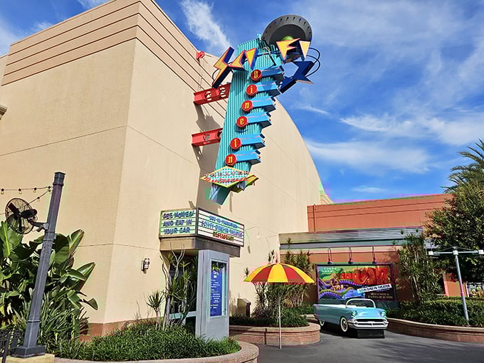 The Sci-Fi Dine-In Theater's entrance promises a blast from the past. This vintage-inspired eatery takes "dinner and a show" to stellar new heights.