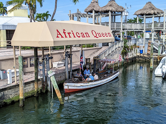 Docked beneath a protective canopy, the African Queen awaits her next group of passengers ready to experience a slice of Hollywood history.