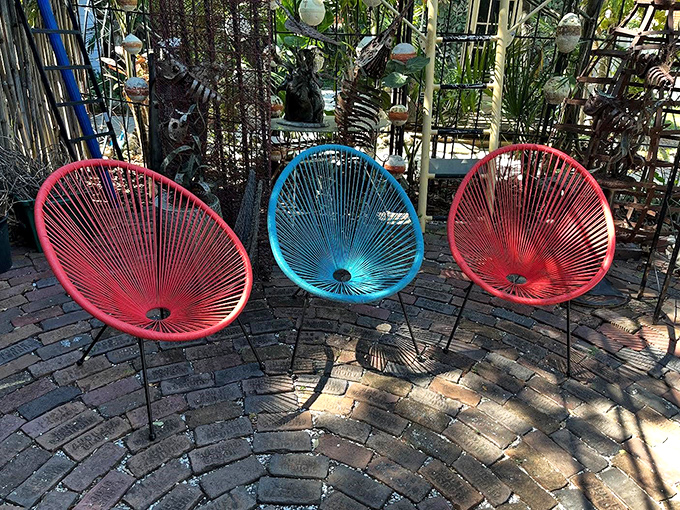 These vibrant acapulco chairs invite weary treasure hunters to rest while contemplating which curiosities will follow them home. The perfect Florida patio companions!