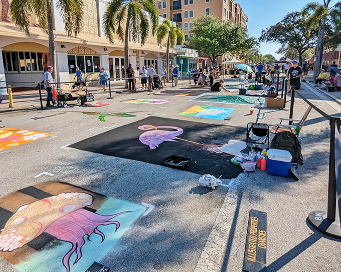 Chalk Drawings: Local artists transform ordinary pavement into extraordinary canvases during Lake Worth's famous Street Painting Festival, proving art doesn't need museum walls.