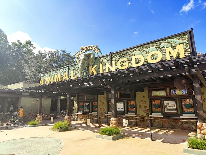 The grand entrance to Disney's Animal Kingdom welcomes adventurers with promises of wild encounters and magical discoveries beyond its gates.