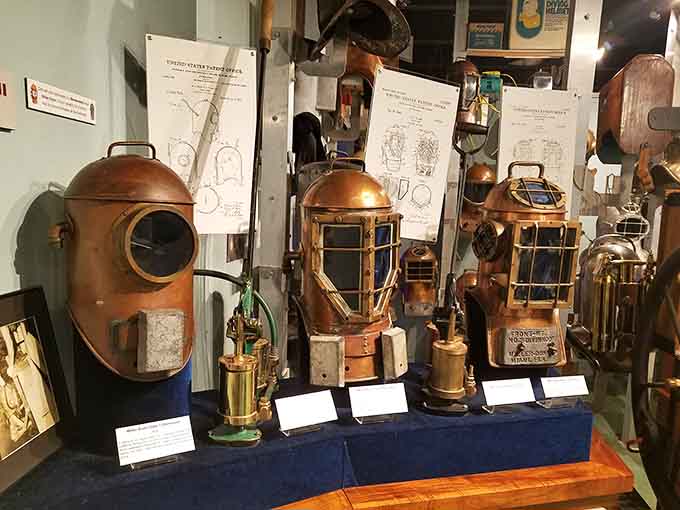 These copper diving helmets look like something from a steampunk fever dream, each one a masterpiece of Victorian-era engineering and optimism.