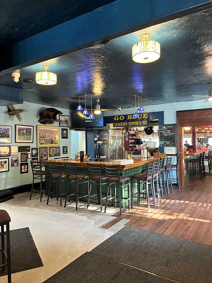 The bar's ceiling and wooden accents create that perfect "I'm definitely in Florida" feeling, with sports memorabilia telling stories of northern snowbirds.