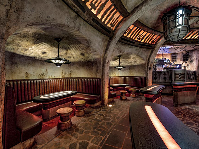 Curved booths and moody lighting create the perfect atmosphere for plotting your next smuggling run or simply enjoying exotic libations.