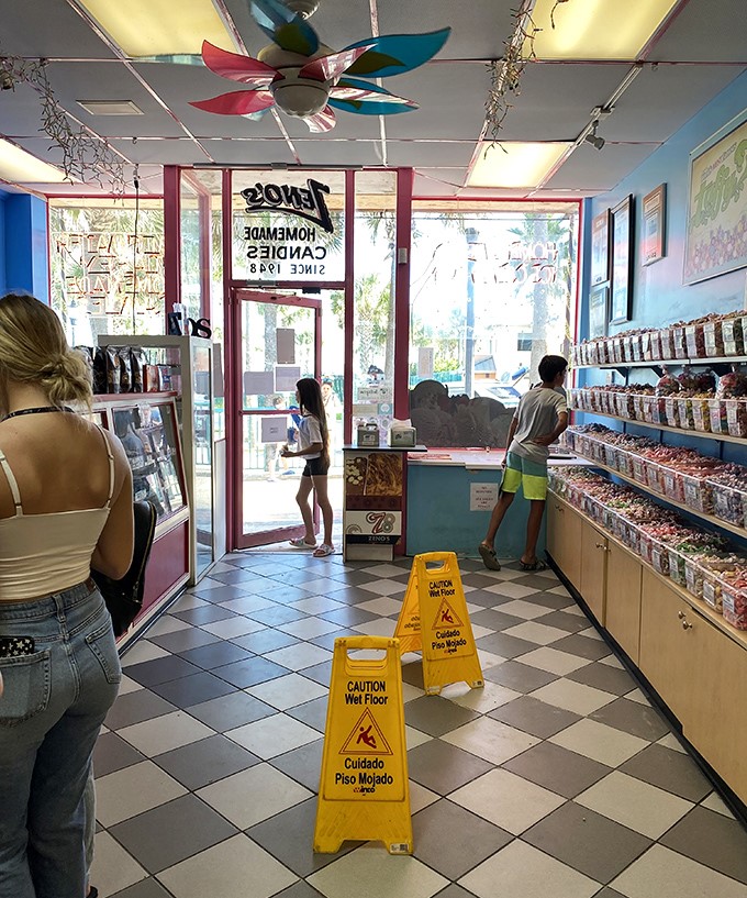 Inside Zeno's, the classic checkered floor and colorful ceiling fan create a time-warp atmosphere where calories don't count and smiles are mandatory.