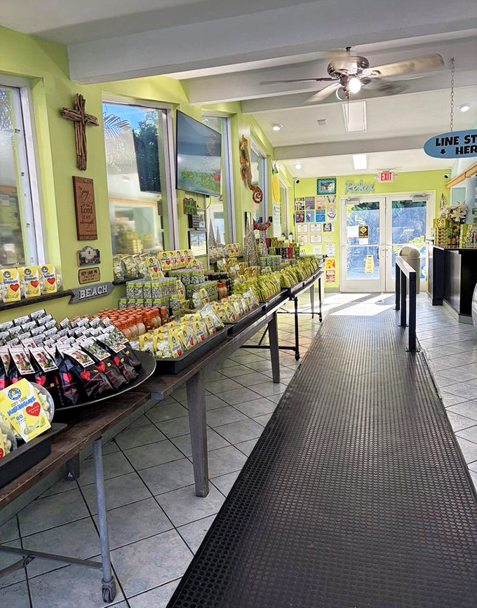 Inside, the lime-green walls and well-stocked display tables create a vibrant welcome for pie enthusiasts seeking their fix.