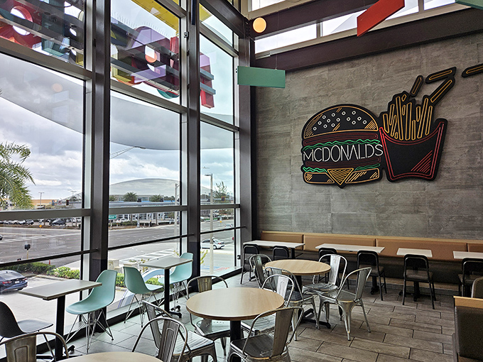 Neon burger art watches over diners like the Mona Lisa of fast food &ndash; mysteriously smiling at your menu choices.