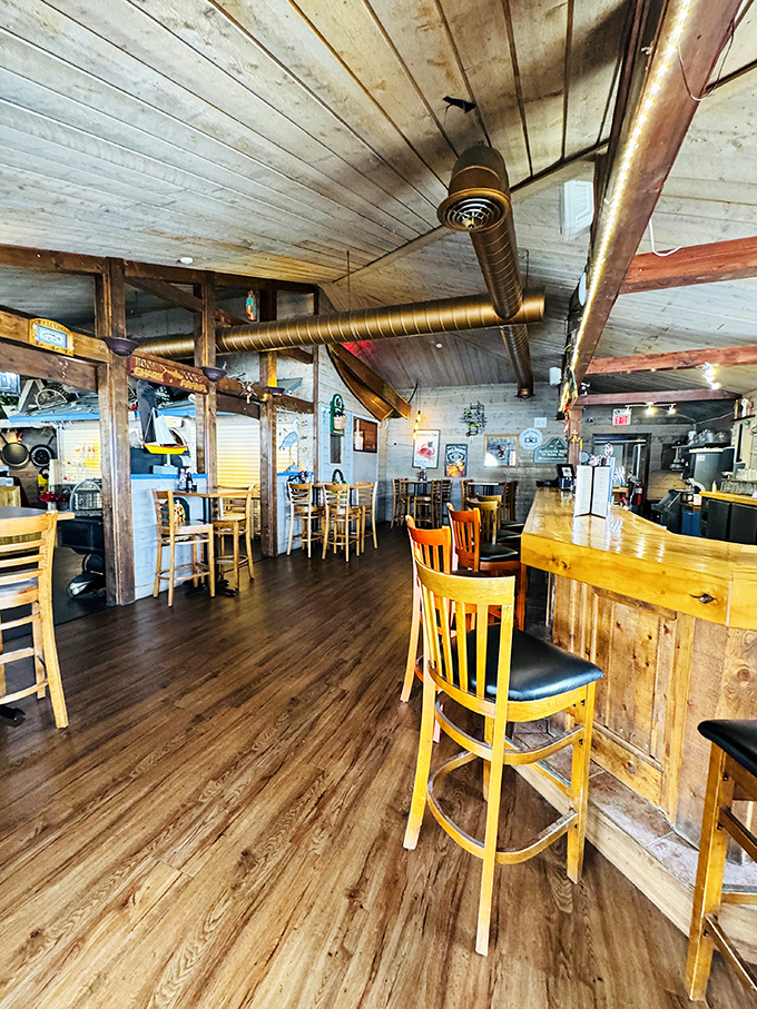 Rustic wooden beams and warm lighting create an atmosphere that feels like a maritime treasure chest opened just for you.