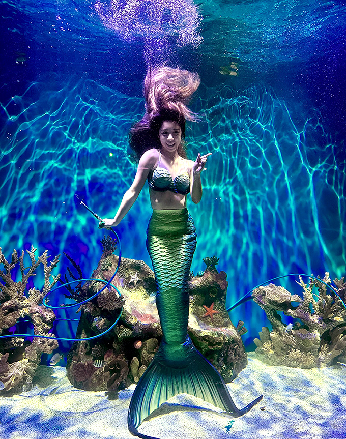 Defying gravity and biology, a performer transforms into seafoam fantasy, making you question your career choices and upper body strength.