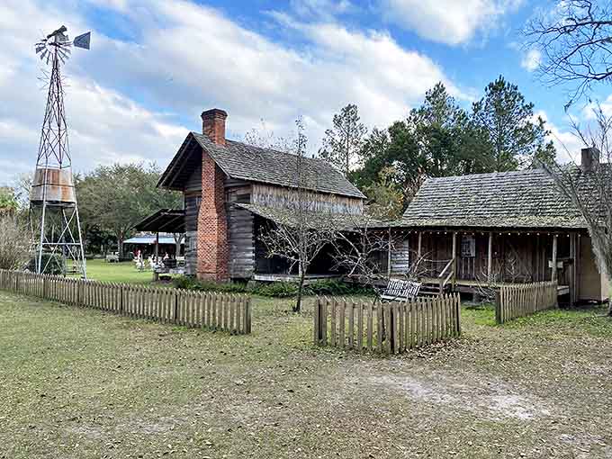 Step back in time at this rustic pioneer homestead, complete with a classic windmill and authentic hand-hewn log cabins.