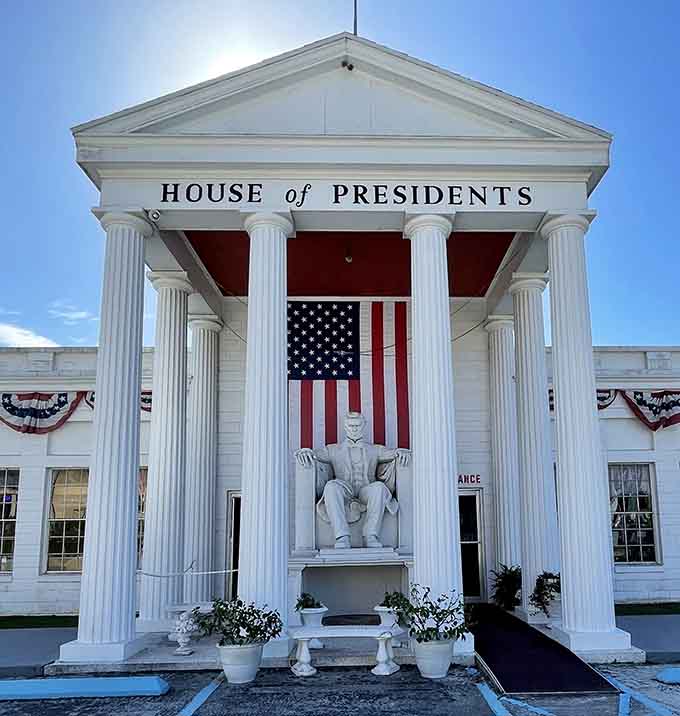 That's Honest Abe keeping watch over the entrance, because apparently even miniature presidential museums need security, albeit the marble and contemplative kind.