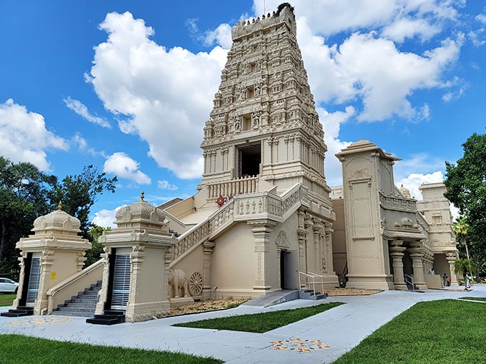 From this angle, the temple's intricate side view reveals layers of detailed craftsmanship that would make even the most patient artisan nod with respect.
