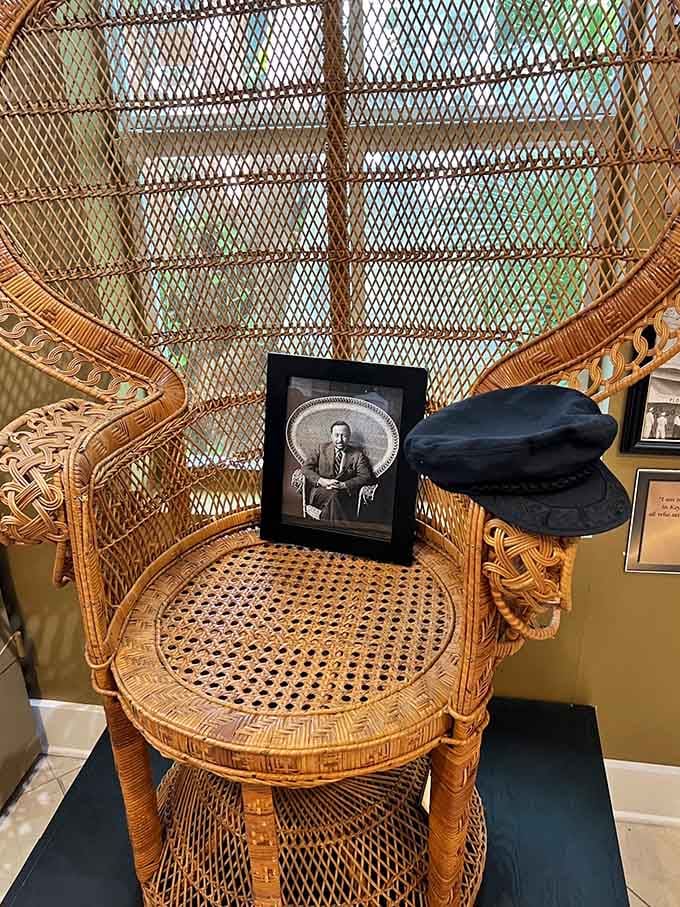 This iconic wicker peacock chair holds court like a throne, complete with Williams' photograph, as if the playwright himself is still ready to share stories with anyone who stops by.
