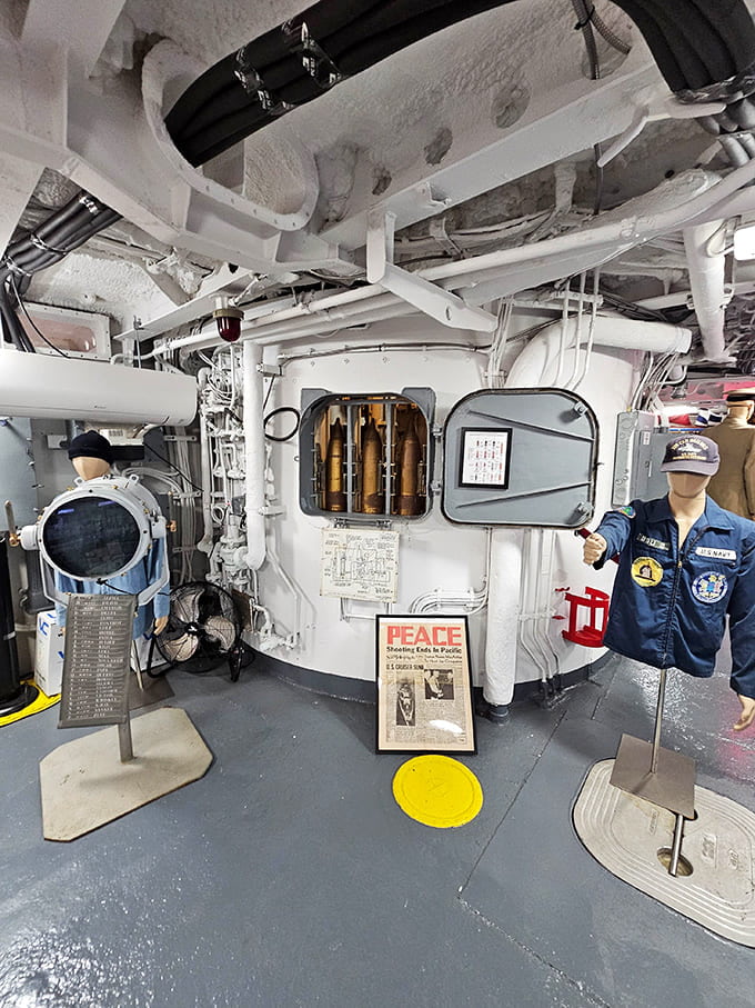 Inside the destroyer, narrow passageways reveal the cramped reality of naval life during wartime operations.