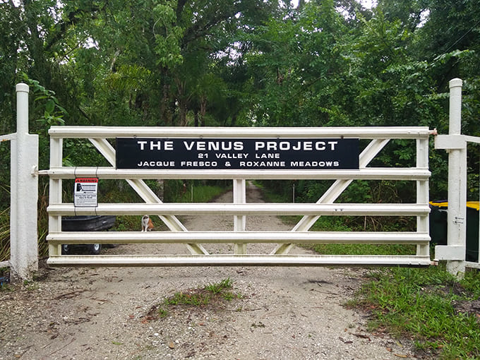 The entrance gate welcomes visitors to a community where the future of sustainable living is already happening, no time machine required.