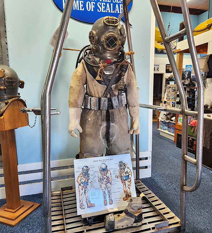 This isn't your grandfather's business suit! The vintage deep-sea diving equipment looks like it could have walked straight off the set of "20,000 Leagues Under the Sea."