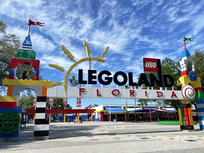 The iconic entrance welcomes visitors with bright colors and playful architecture, setting the tone for a day of brick-built wonder.