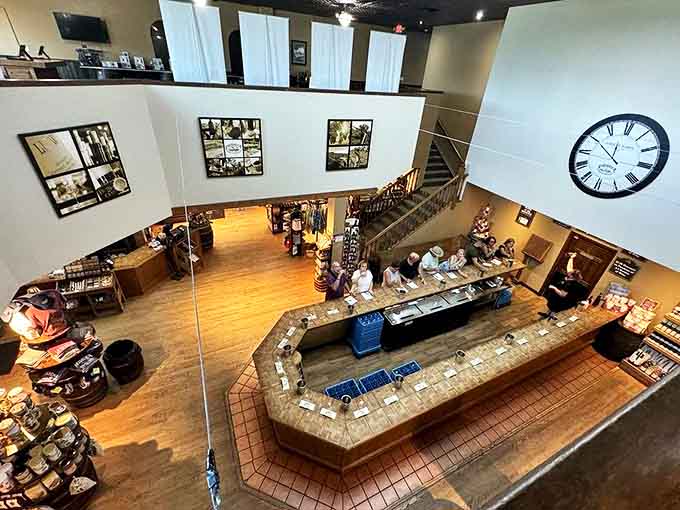The horseshoe-shaped tasting bar invites visitors to gather round like old friends, where wine education happens without a hint of pretension.