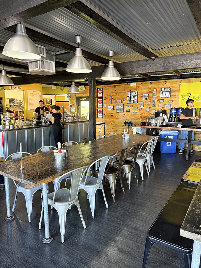 Industrial meets homey in this thoughtfully designed space where metal, wood, and the promise of carbohydrates create the perfect dining atmosphere.