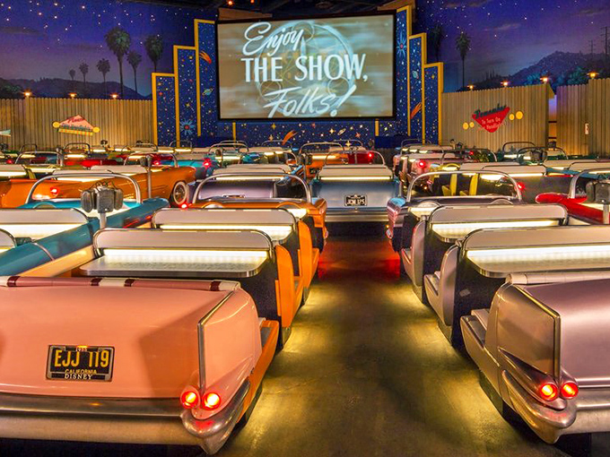 Rows of vintage convertibles under a starlit sky create the perfect illusion of outdoor dining, minus the mosquitoes and unpredictable weather.