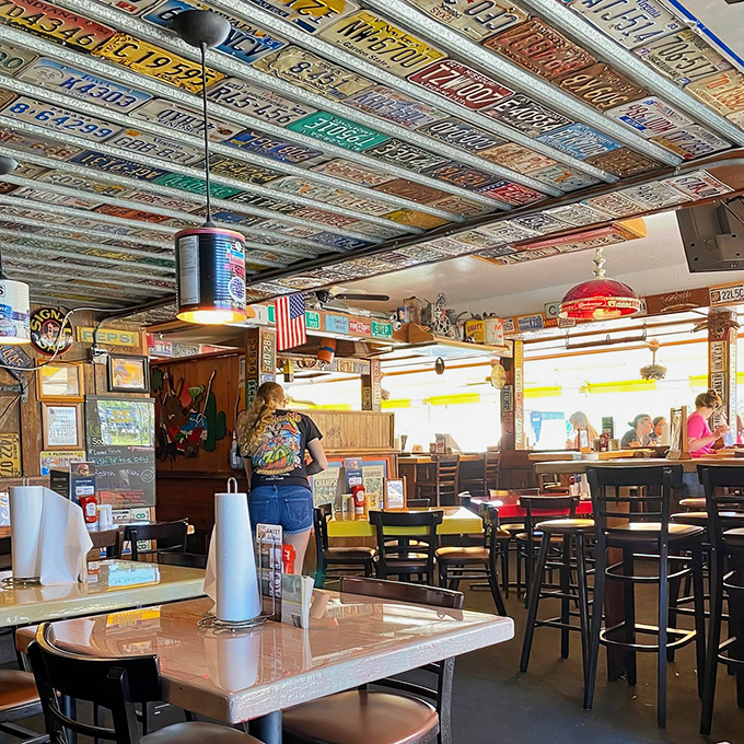 License plates from across America create a patriotic canopy overhead, giving diners something to ponder between bites of comfort food paradise.