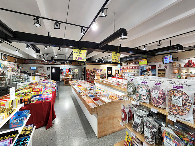 Candy paradise awaits: Long aisles of colorful treats create a wonderland where decisions become deliciously difficult.