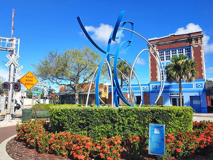 Bold blue sculptures reach skyward like frozen waves, adding a splash of artistic energy to Melbourne's historic landscape.