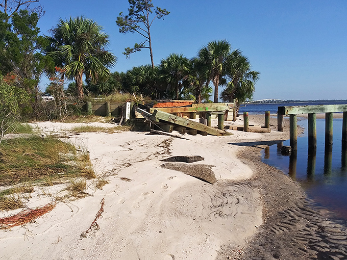 Nature's perfect meeting point: where weathered wooden pilings create a gateway between land and sea at this tranquil Mexico Beach cove.