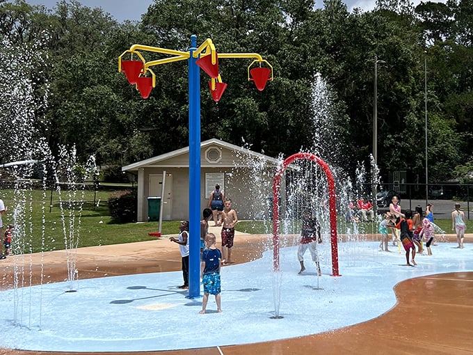 The splash pad's centerpiece features vibrant blue and yellow water features, creating an aquatic playground where giggles are as plentiful as water droplets.