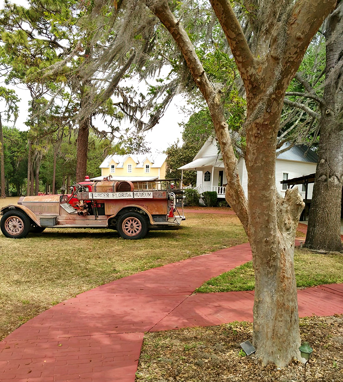 Spanish moss drapes over ancient oaks like nature's own decoration, creating a perfect backdrop for this historical village that whispers tales of old Florida.