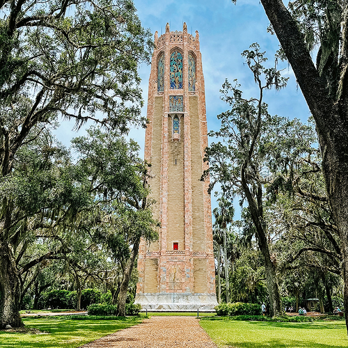 Standing tall against the azure sky, this pink marble tower isn't just eye candy &ndash; it's a 205-foot musical instrument that never misses a note.