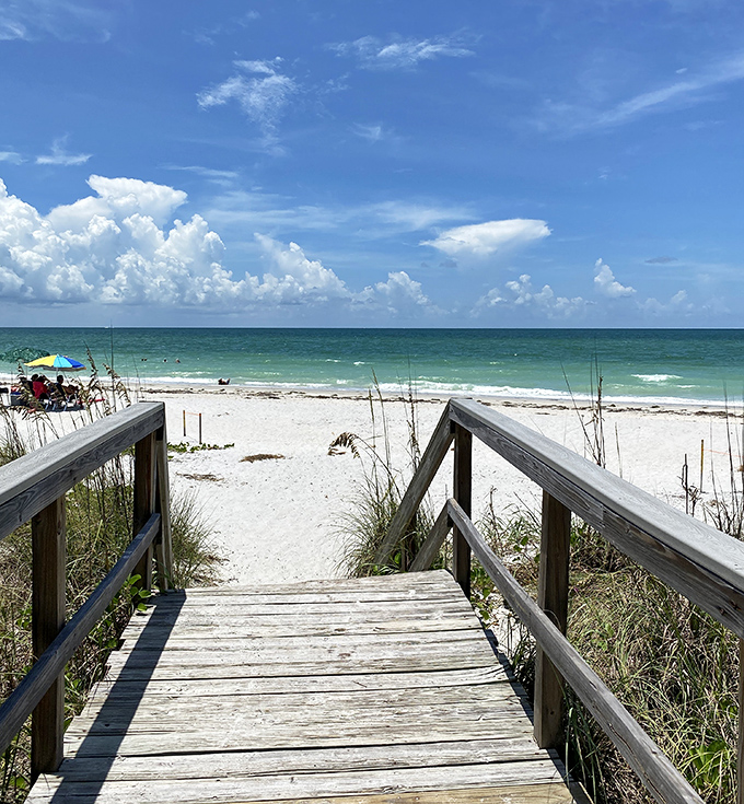 The gateway to serenity: A weathered wooden boardwalk invites visitors to leave their footprints and worries behind on this Gulf Coast haven.