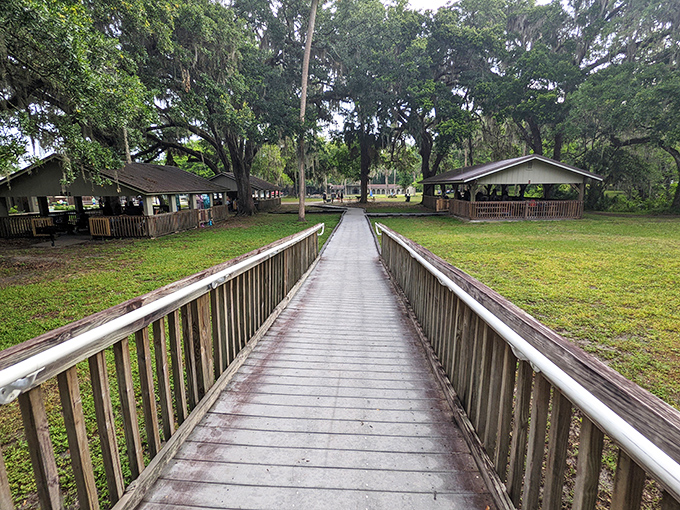 Wooden walkways connect facilities at De Leon Springs State Park, where visitors can enjoy swimming in the refreshing spring water.