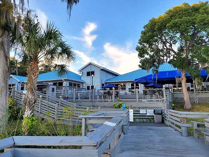 Corky Bell's blue-roofed buildings peek through the palms, offering waterfront dining where the fish is always fresh and the views are free.