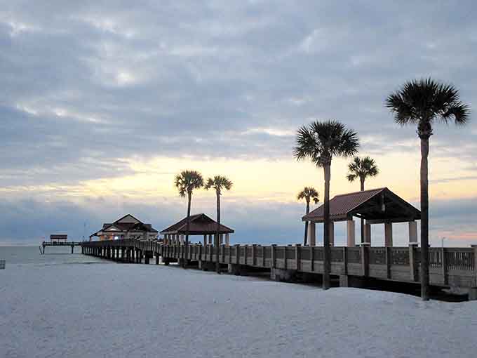 Pier 60's covered pavilions stand against a stunning sunset sky, where nightly celebrations happen year-round.