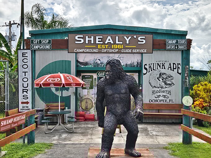 The Skunk Ape Research Headquarters stands ready for cryptid hunters, complete with a life-sized guardian that might make you think twice about nighttime swamp walks.