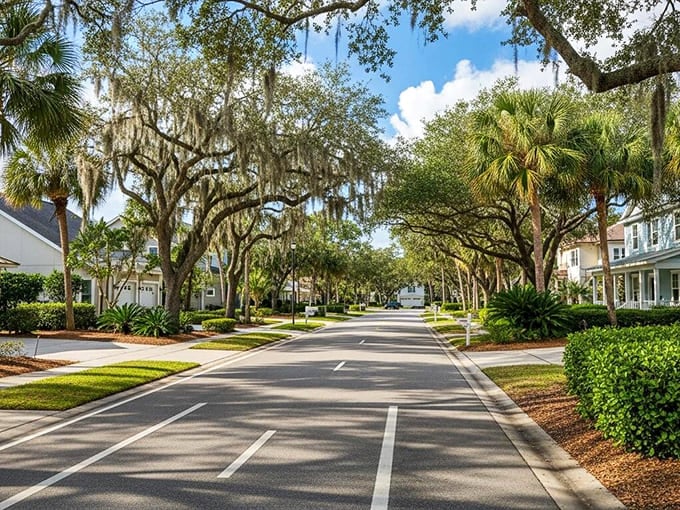 Tree-canopied streets draped in Spanish moss create that classic Florida charm where every drive feels like a scenic tour.