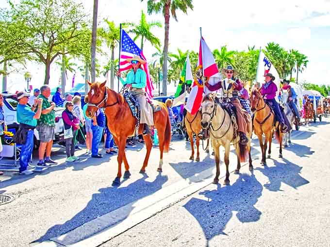 Cowboys on horseback parade through town, proving that Florida's Wild West history is alive and kicking.