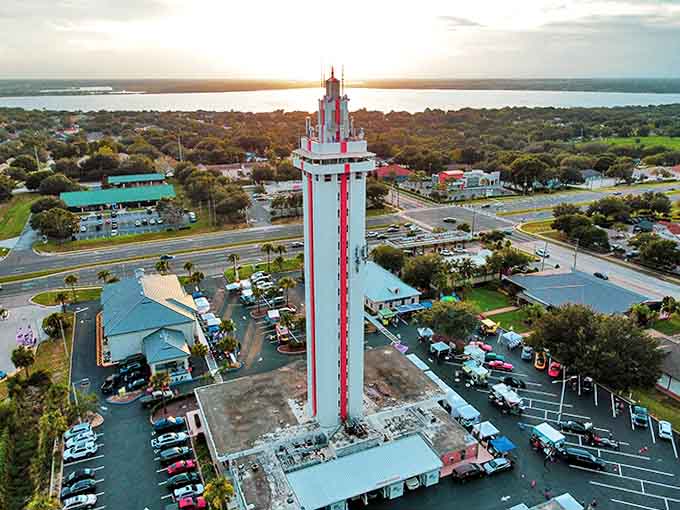 Aerial Tower View: The distinctive red and white stripes race up the tower's sides like a vintage barber pole, visible for miles across Lake County's surprisingly rolling terrain.