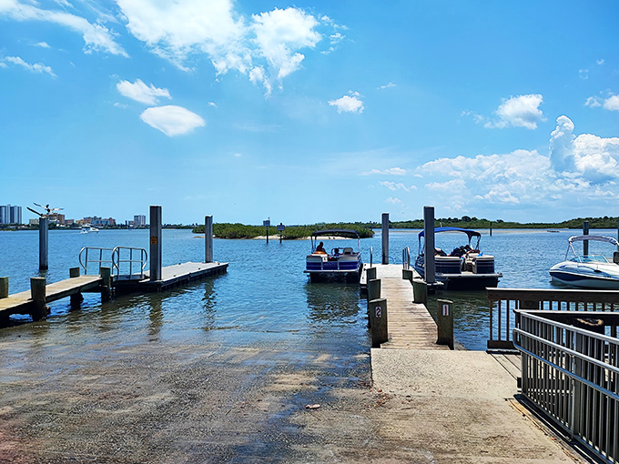 Weekend captains and weekday dreamers launch their vessels at this well-maintained boat ramp, where the Halifax River beckons with promises of adventure.