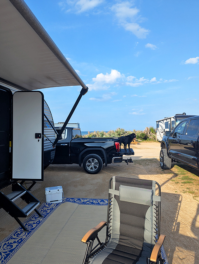 Home sweet temporary home. This oceanside campsite proves the best room service is delivered by sea breezes and crashing waves.