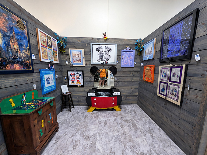 Disney magic lives on in this Mickey-themed corner, where vintage animation art and collectibles bring theme park nostalgia home without the long lines.