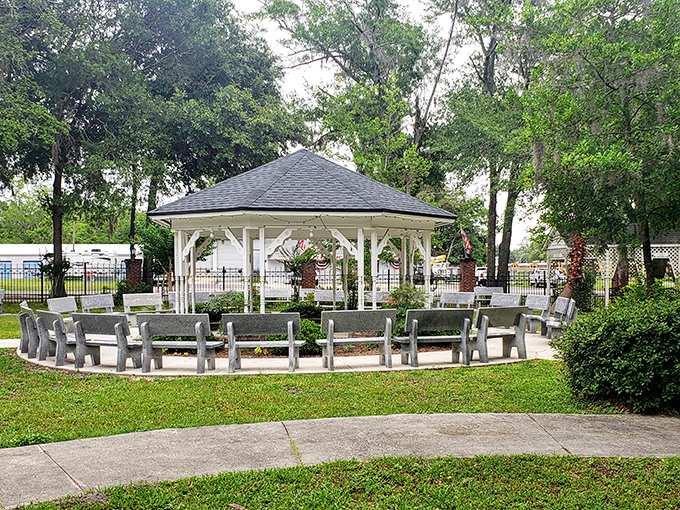 Heritage Park Village's gazebo stands as the community's heart, hosting everything from summer concerts to impromptu marriage proposals.