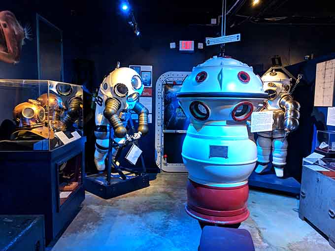Modern diving suits share space with vintage equipment, creating a timeline of humanity's increasingly successful attempts to breathe where we shouldn't.
