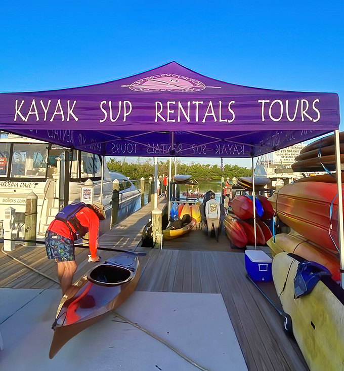 The purple tent says "rentals" but what it really means is "your ticket to escape the ordinary" &ndash; adventure by the hour.