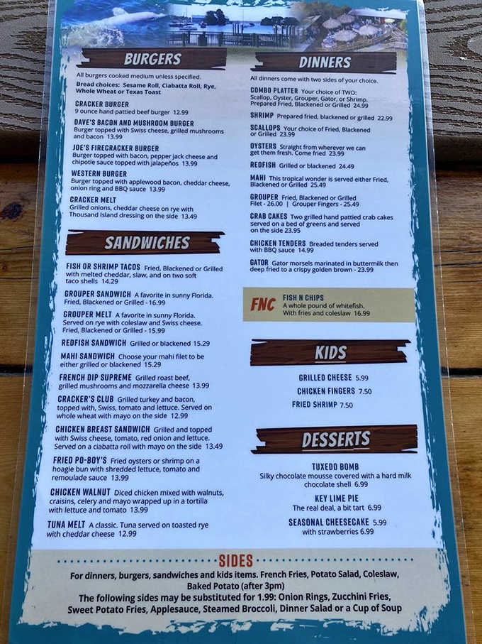 This menu isn't just food options &ndash; it's a treasure map to seafood paradise, with everything from gator bites to grouper melts.
