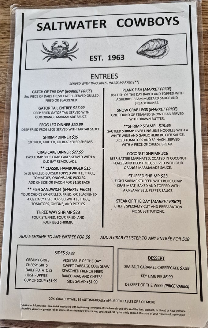 A menu that reads like coastal poetry &ndash; from gator tail to snow crab legs, each dish tells a story of Florida's rich culinary heritage.